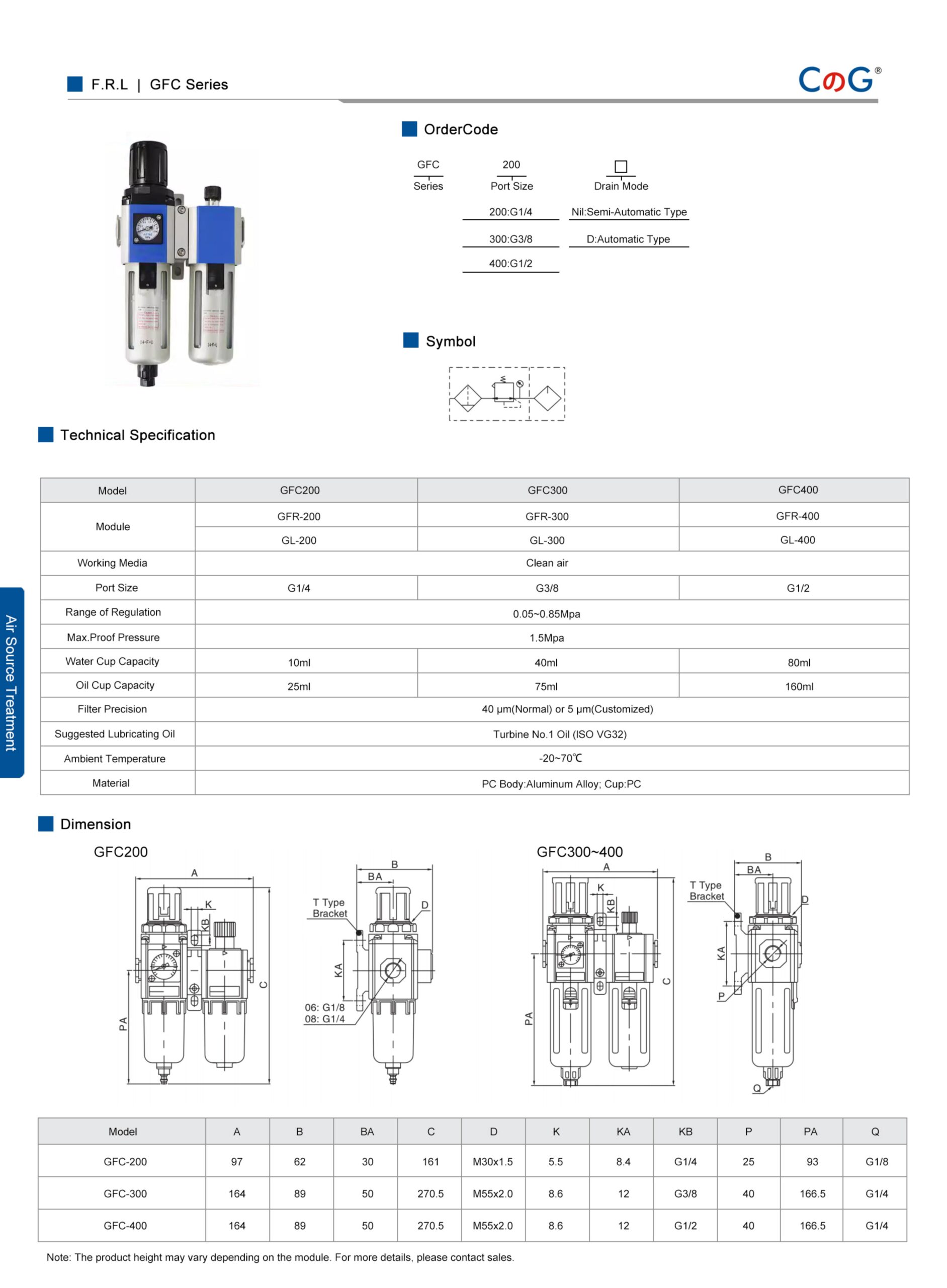 Air Filter Regulator and Lubricator GFC Series CG Pneumatic
