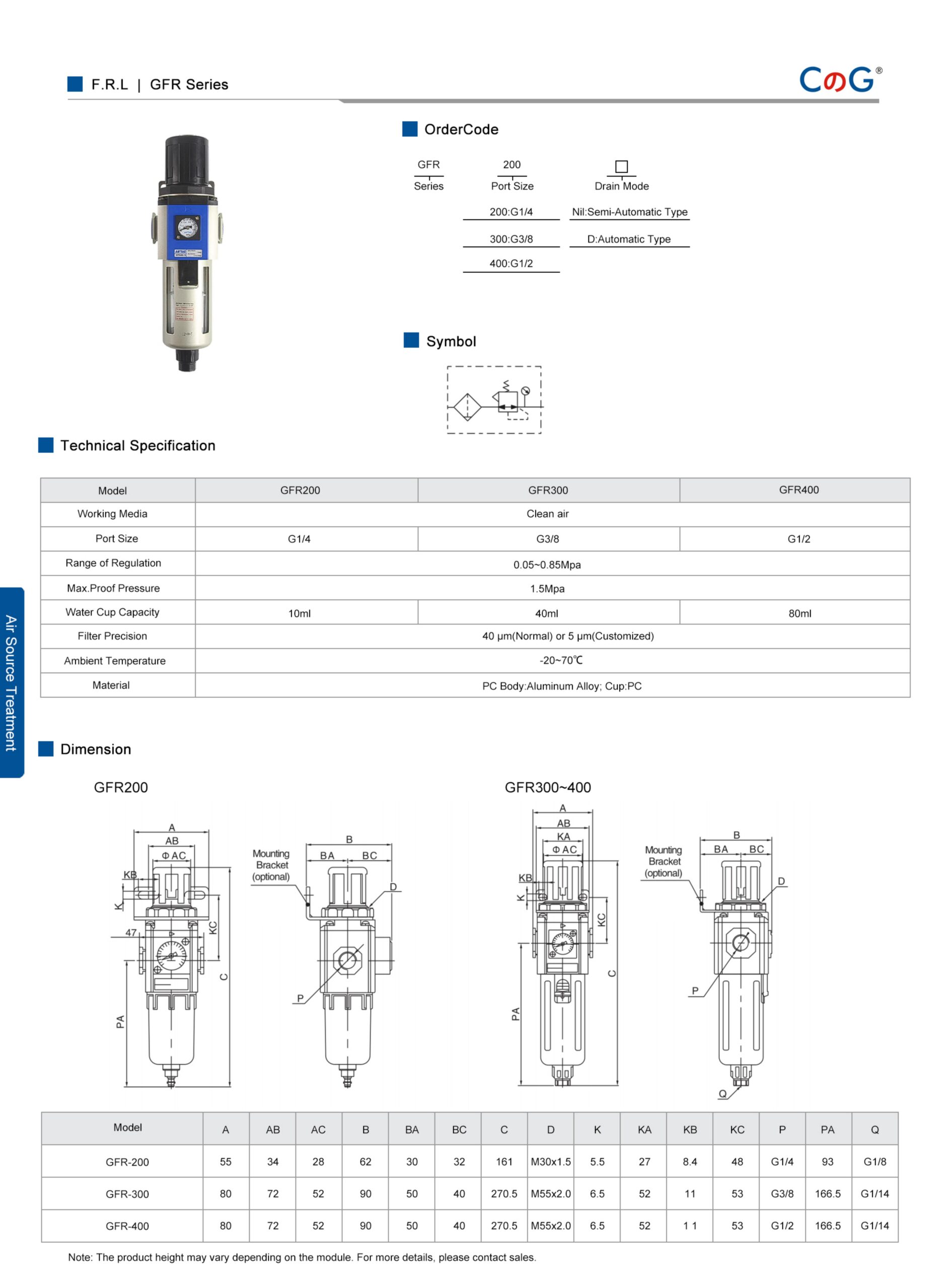 Air Filter Regulator GFR Series | CG Pneumatic Manufacturer